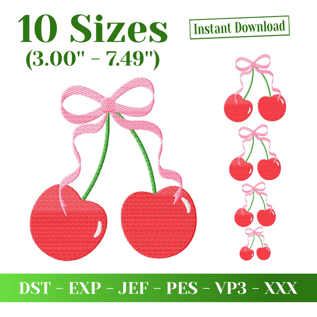 Coquette Bow Cherries Embroidery Design, 10 Sizes, Cherries With Bow ...