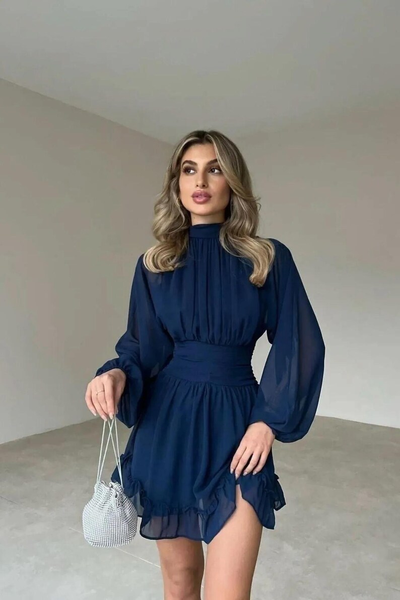 Navy Blue Chiffon Dress,high Neck Dress,elegant Chiffon Dress,soft ...