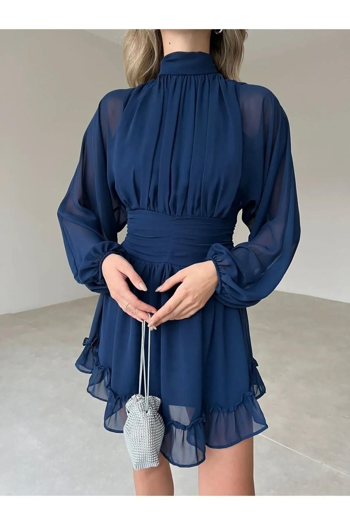 Navy Blue Chiffon Dress,high Neck Dress,elegant Chiffon Dress,soft ...