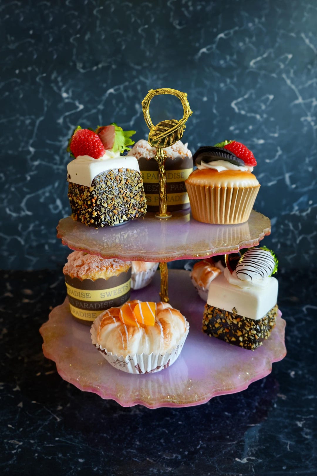 Iridescent Pink and Gold Two-tier Display Stand Epoxy Jewelry Display ...
