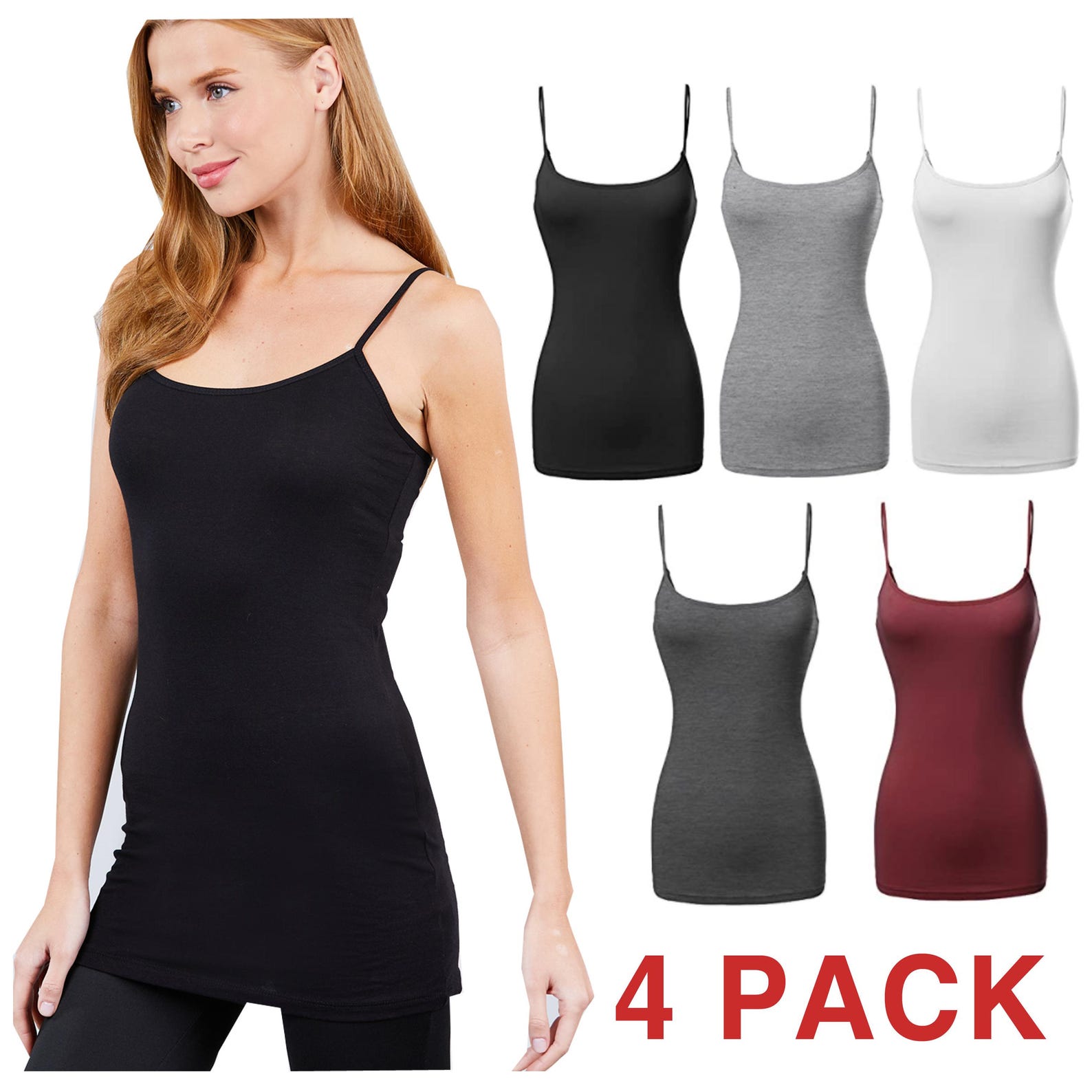 4 PACK Women's Cotton Cami Yoga Adjustable Spaghetti Strap Cami Tank ...