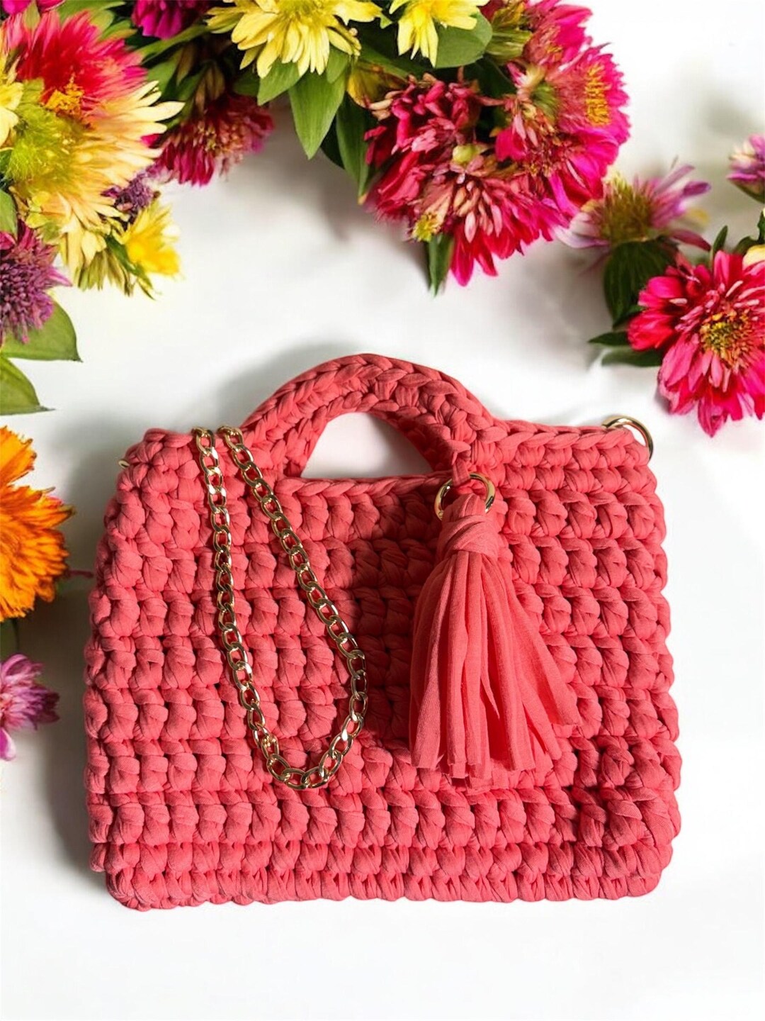 Handmade Crochet Mini Bag: Salmon Rose Boho Purse - Etsy