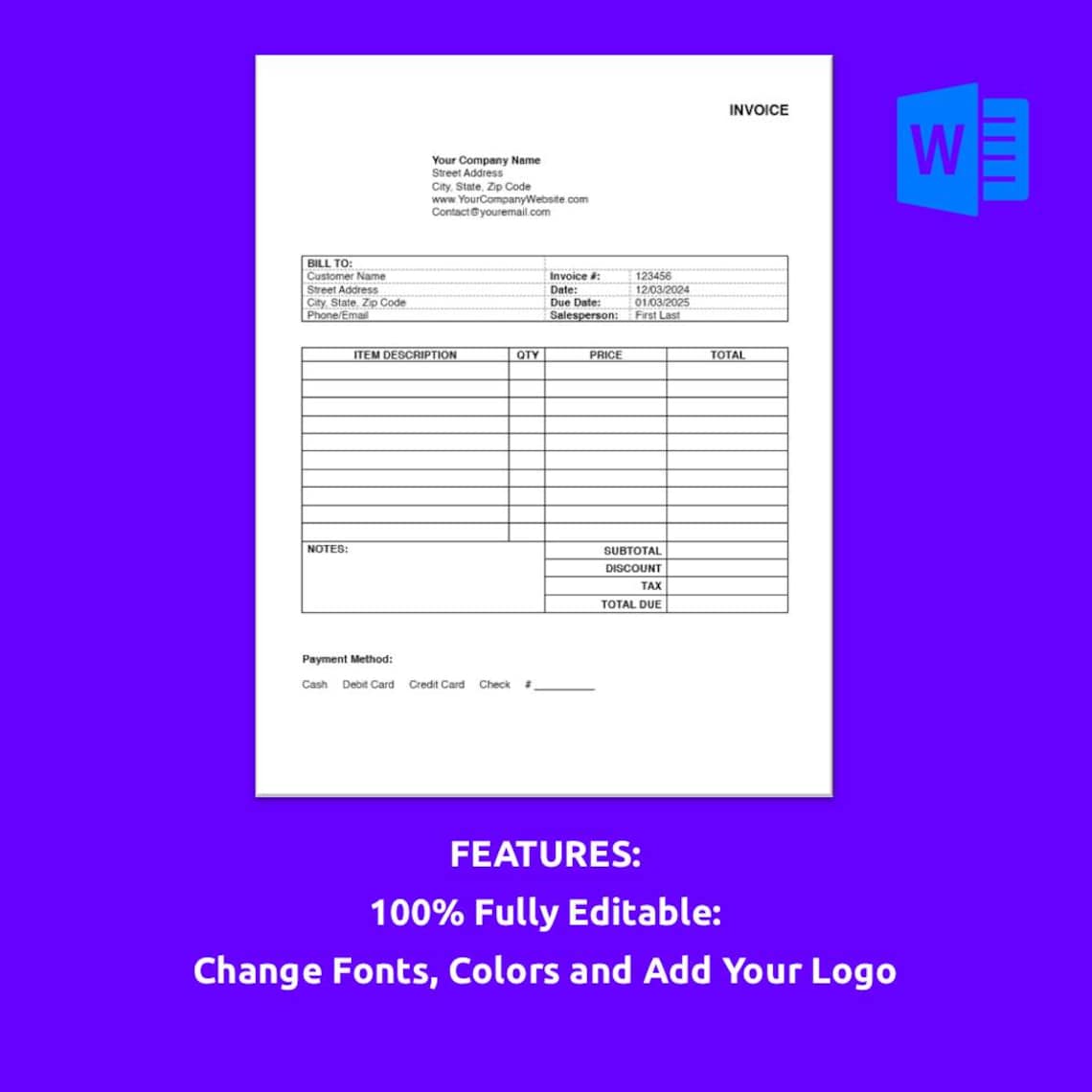 Invoice Template Word. Small Business Invoice Template, Receipt, Billing - Etsy