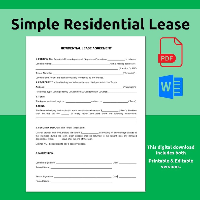 Residential Lease Agreement. Rental, Lease for Home, Condo, Apartment ...