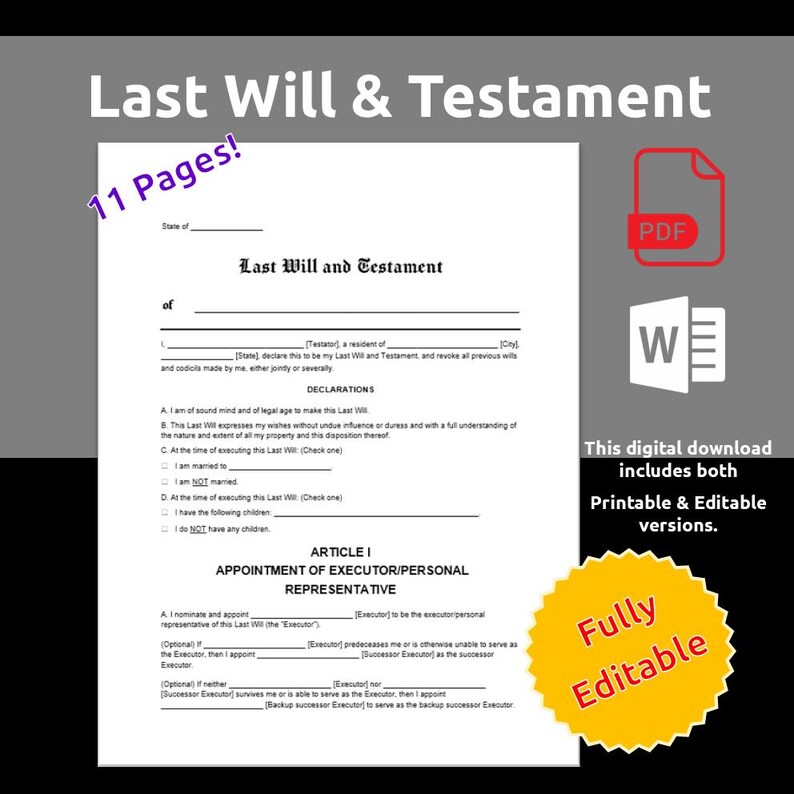 Last Will & Testament. Final Will, Final Testament Form. - Etsy