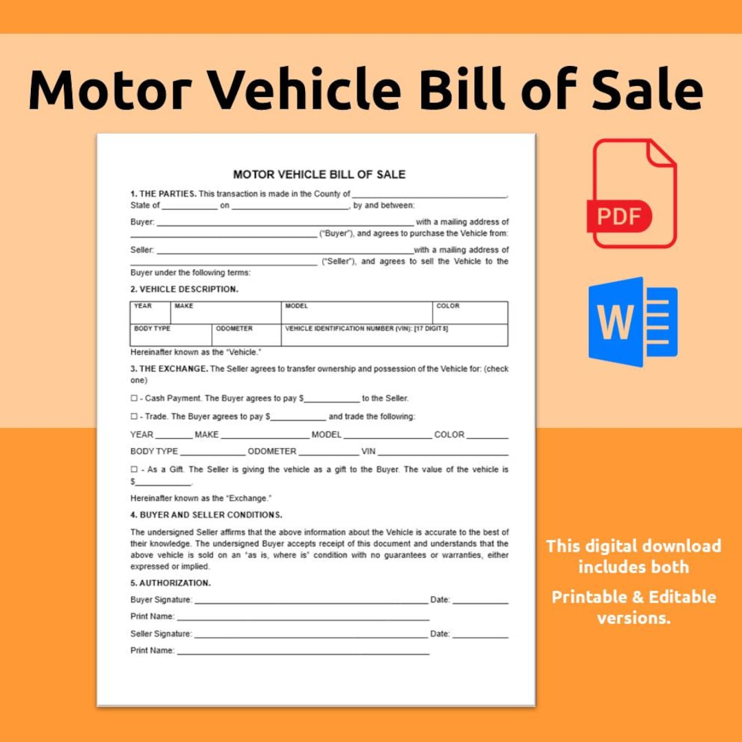 Motor Vehicle Bill of Sale. for Car, Truck, SUV, Van. - Etsy