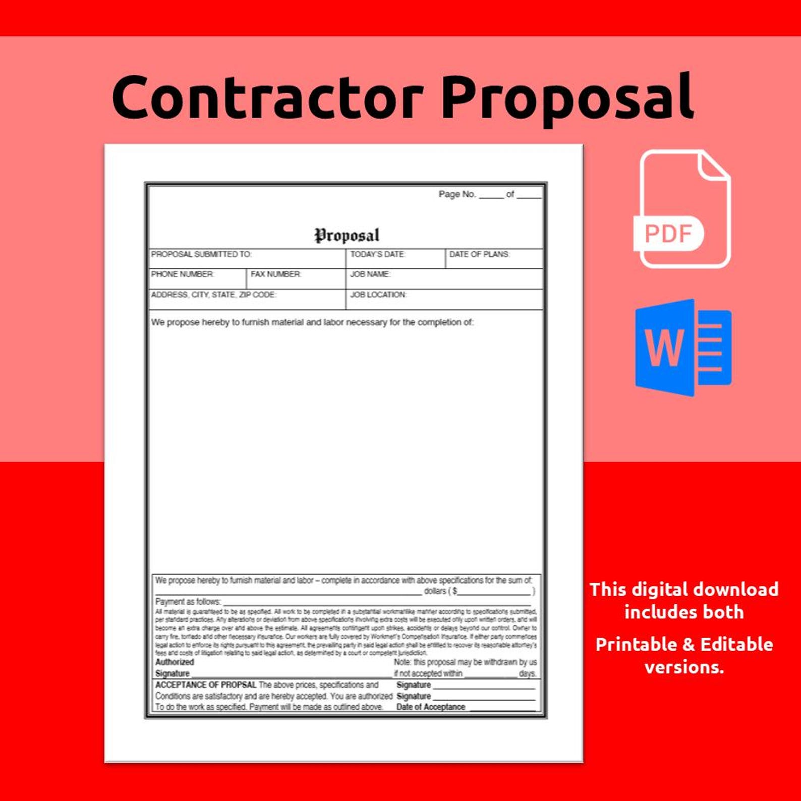 Contractor Proposal. General Proposal Form for Contractors, Workers. - Etsy