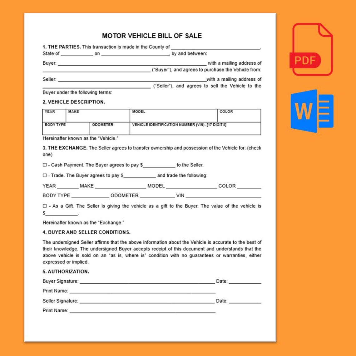 Motor Vehicle Bill of Sale. for Car, Truck, SUV, Van. - Etsy