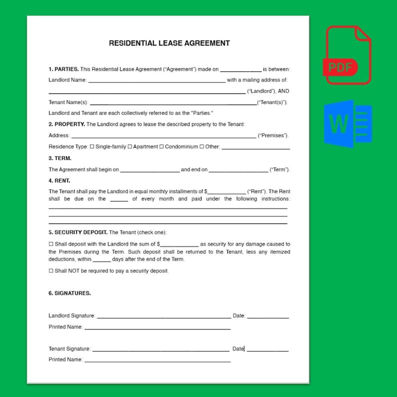 Residential Lease Agreement. Rental, Lease for Home, Condo, Apartment ...