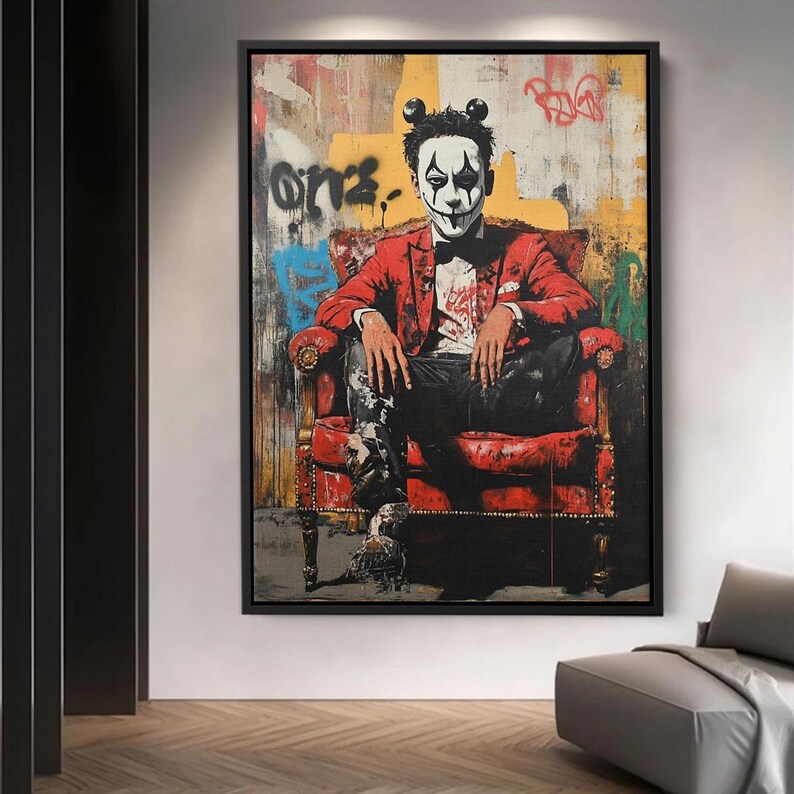 Rebel Clown on Red Throne, Urban Graffiti Canvas Wall Art for Bold and ...