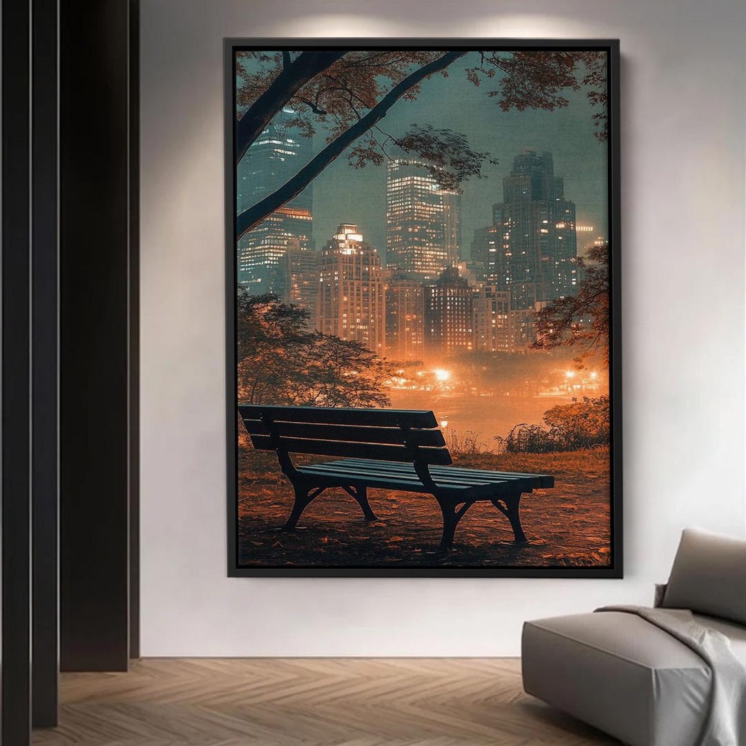 Urban Nightscape Canvas, City Lights Park Bench Wall Art, Dreamy ...