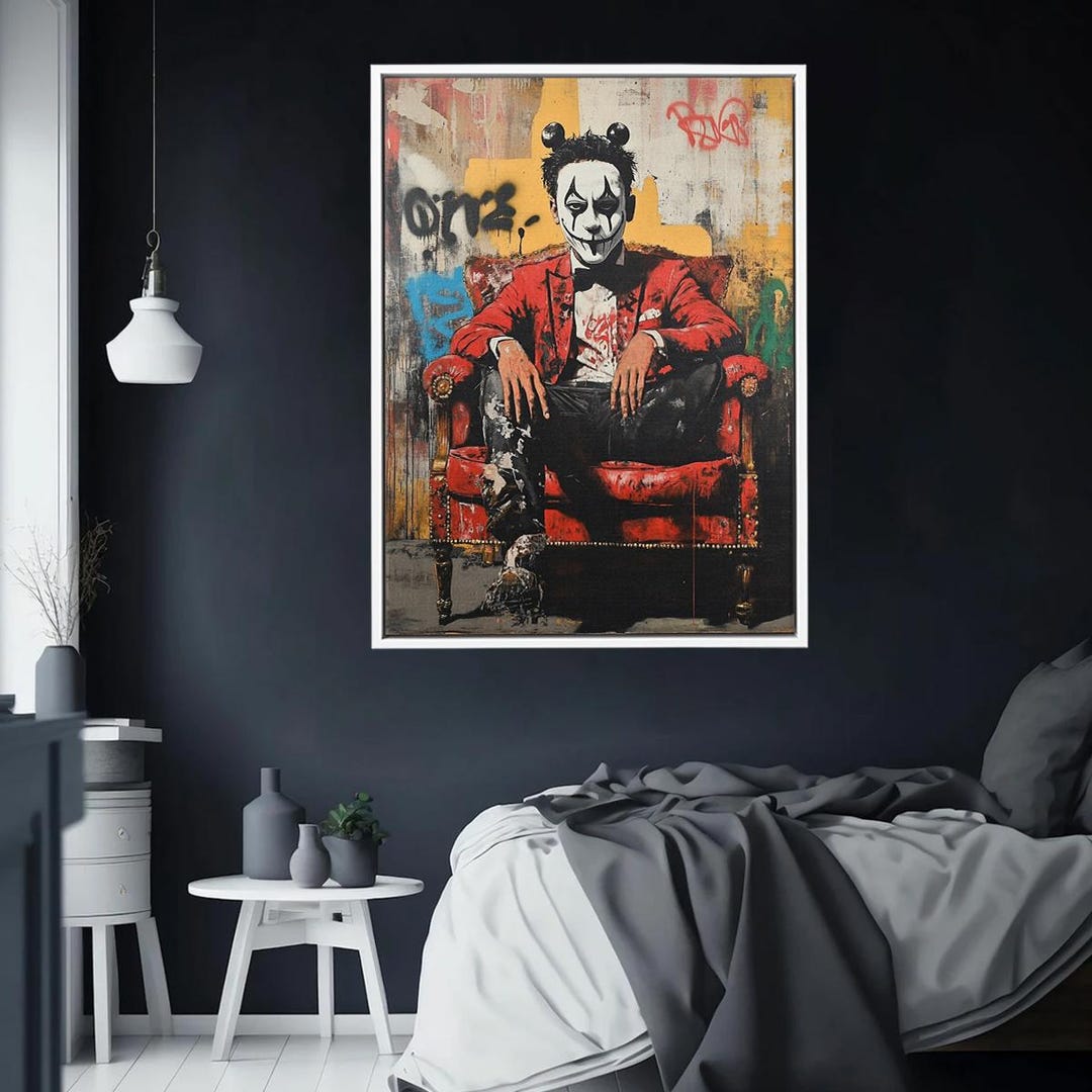 Rebel Clown on Red Throne, Urban Graffiti Canvas Wall Art for Bold and ...