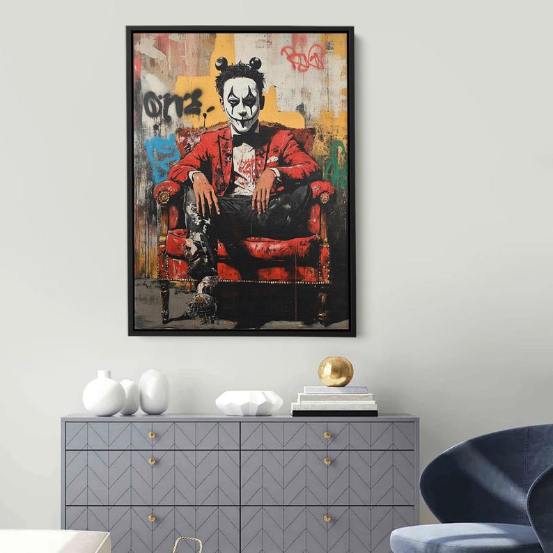 Rebel Clown on Red Throne, Urban Graffiti Canvas Wall Art for Bold and ...