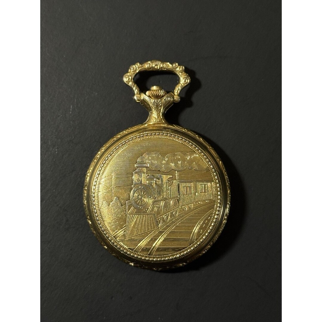 Vintage Gold Tone Engraved Timex Locomotive Railroad Train Pocket Watch ...