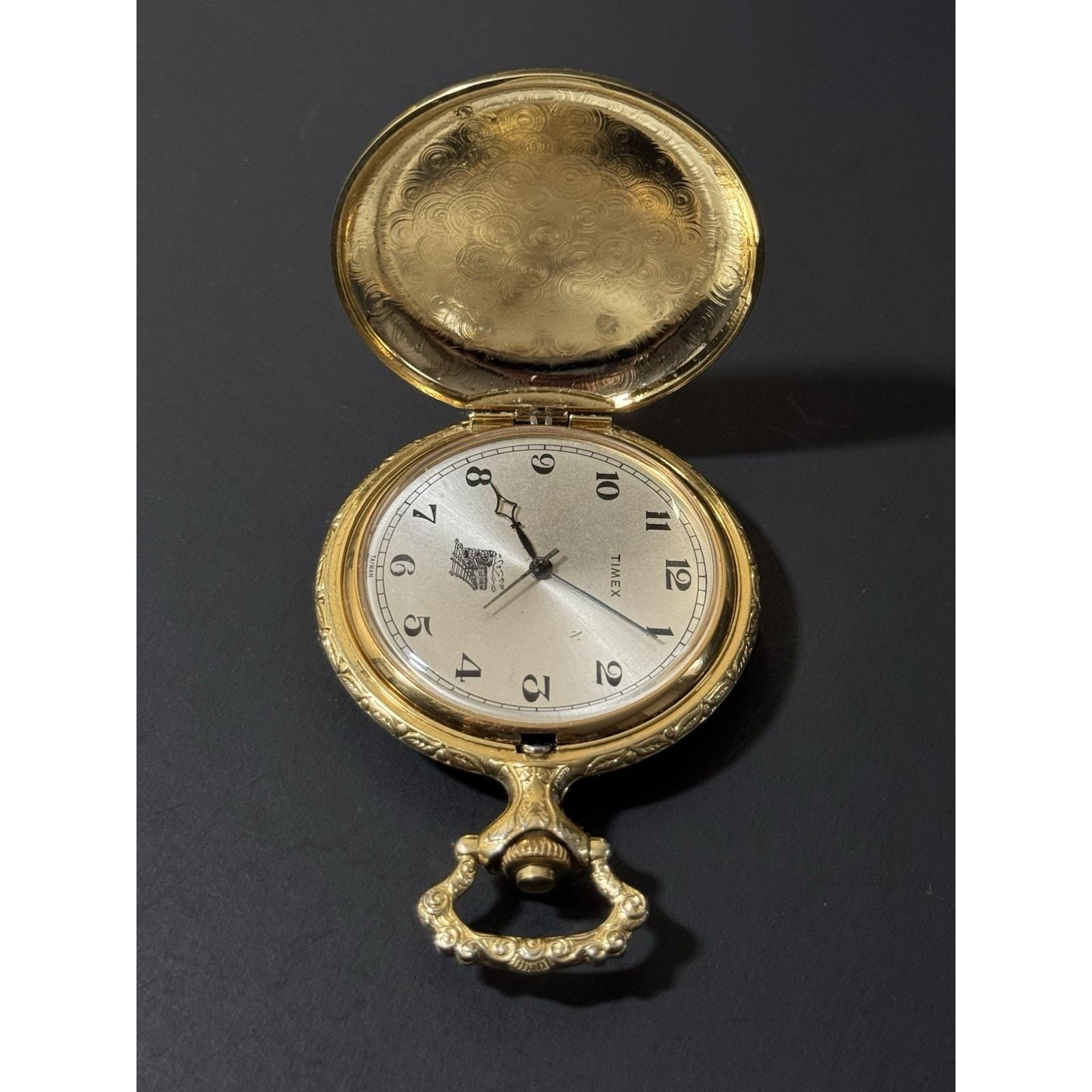 Vintage Gold Tone Engraved Timex Locomotive Railroad Train Pocket Watch ...