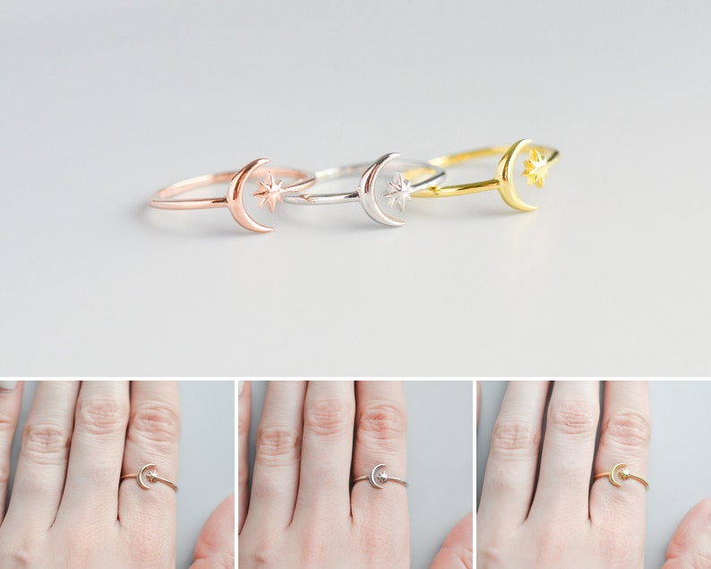 Sterling Star Ring Moon Ring Celestial Ring Adjustable - Etsy