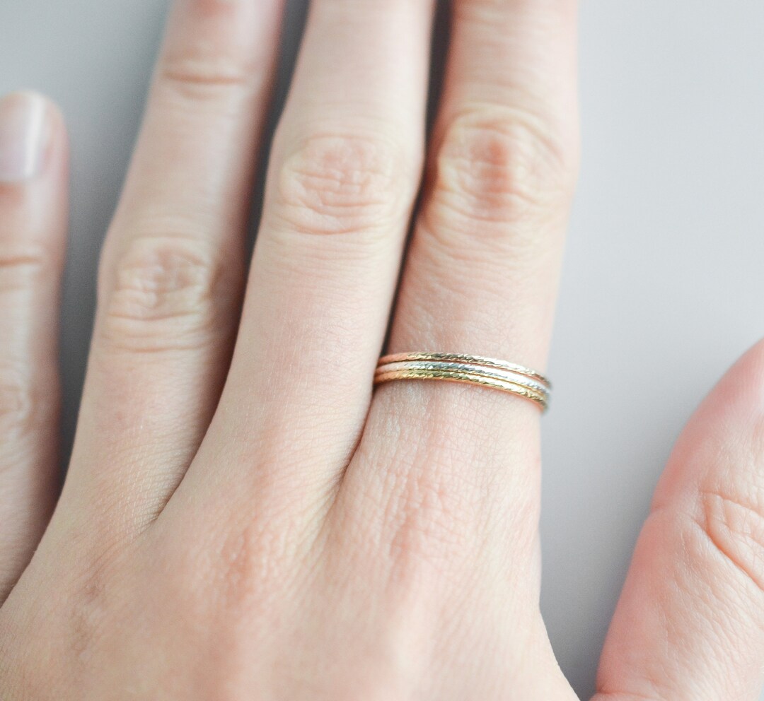 Sterling Silver Stacking Ring Set for Women, Rose Gold Filled Textured ...