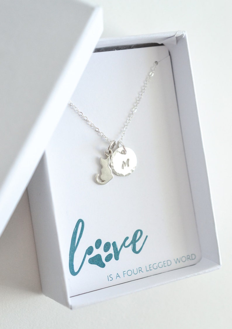 Sterling Silver Cat Necklace Custom Initial Cat Charm | Etsy