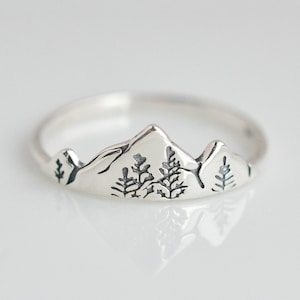 Sterling Silver Mountain Ring, Forest Ring for Women, Silver Tree Ring, Dainty Nature Ring ...