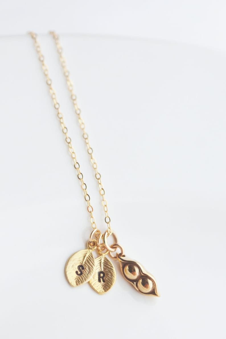Gold Two Peas in a Pod Necklace With Initials Peapod Twin - Etsy
