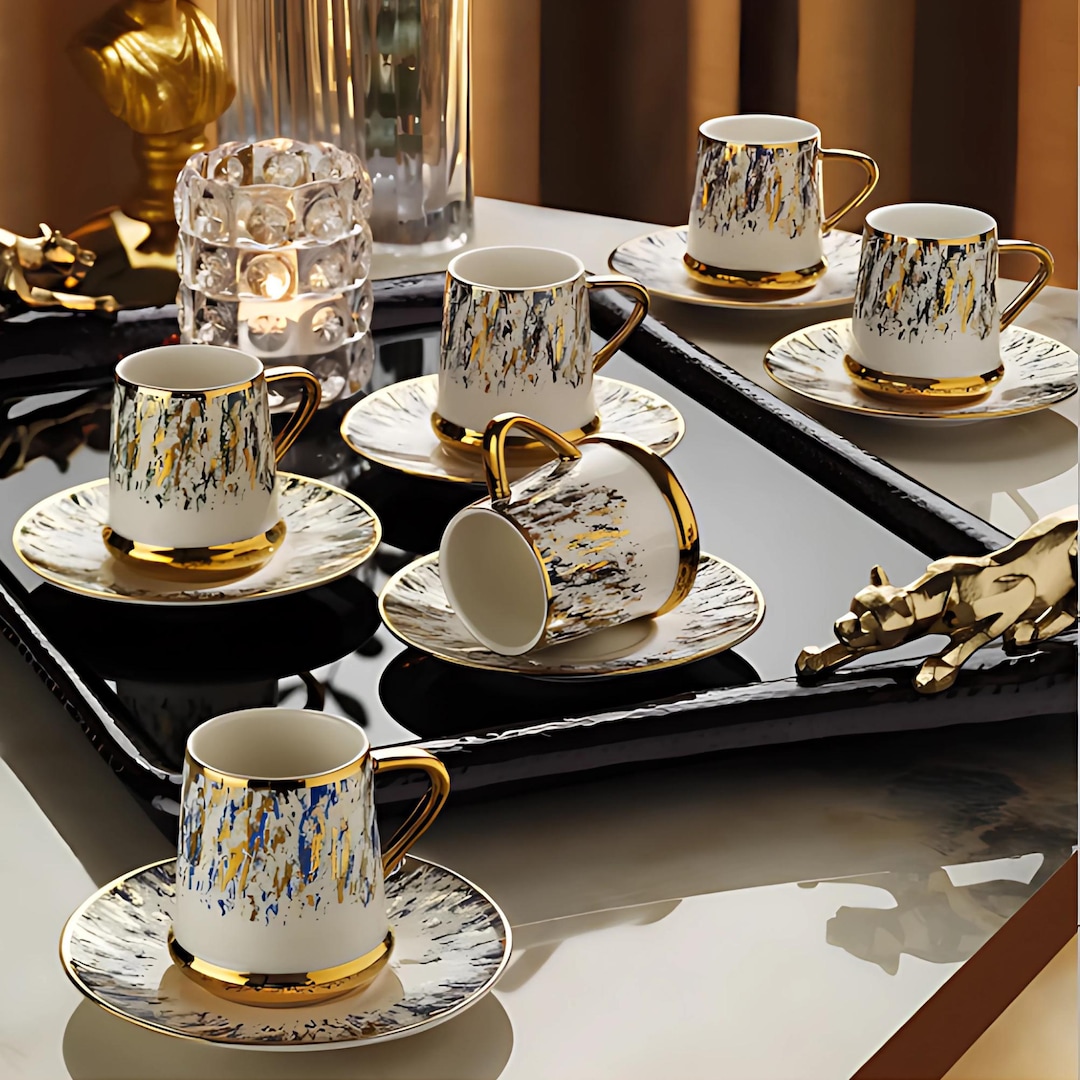12-piece Turkish Coffee Cup Set – Luxury 90ml Gold-trimmed Espresso ...