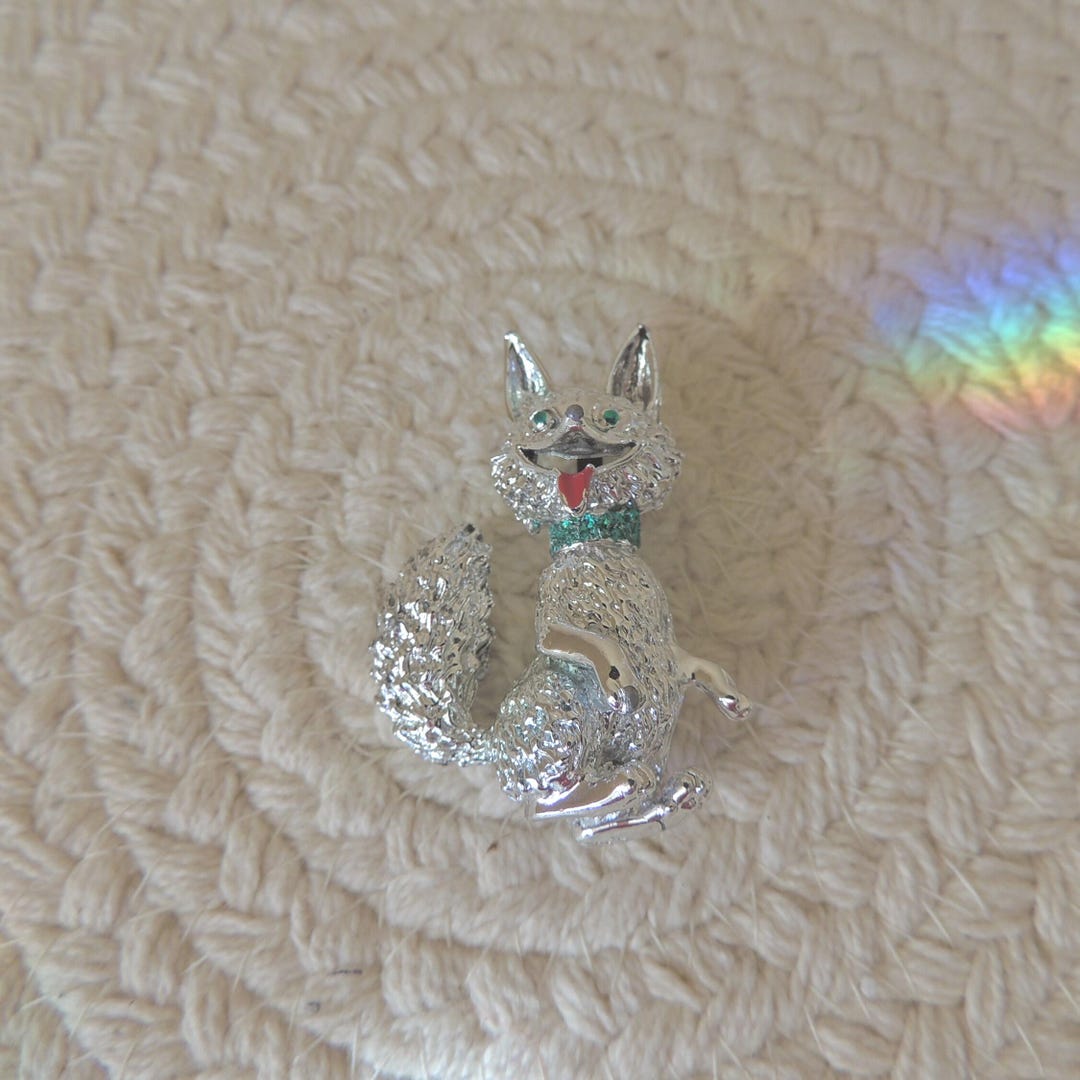 Silver Fox Pin: Laughing Canine Brooch With Green Collar - Etsy