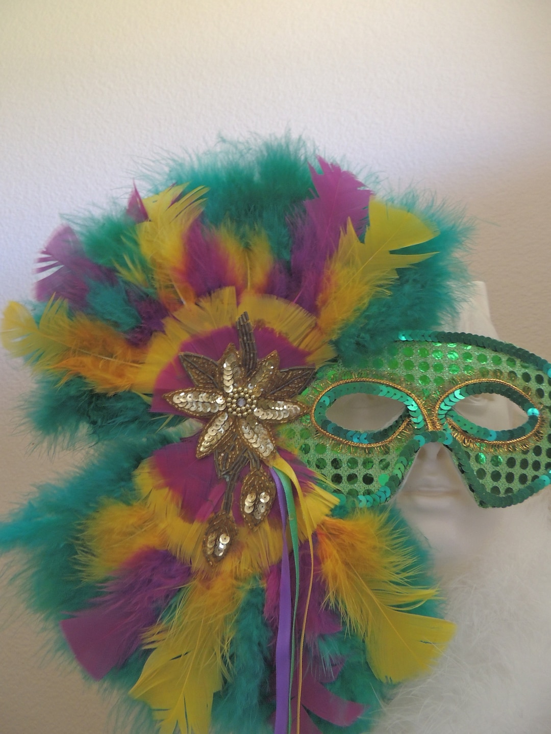 Vintage Multi-colored Feather Mask. Yellow, Purple, Green and Gold ...