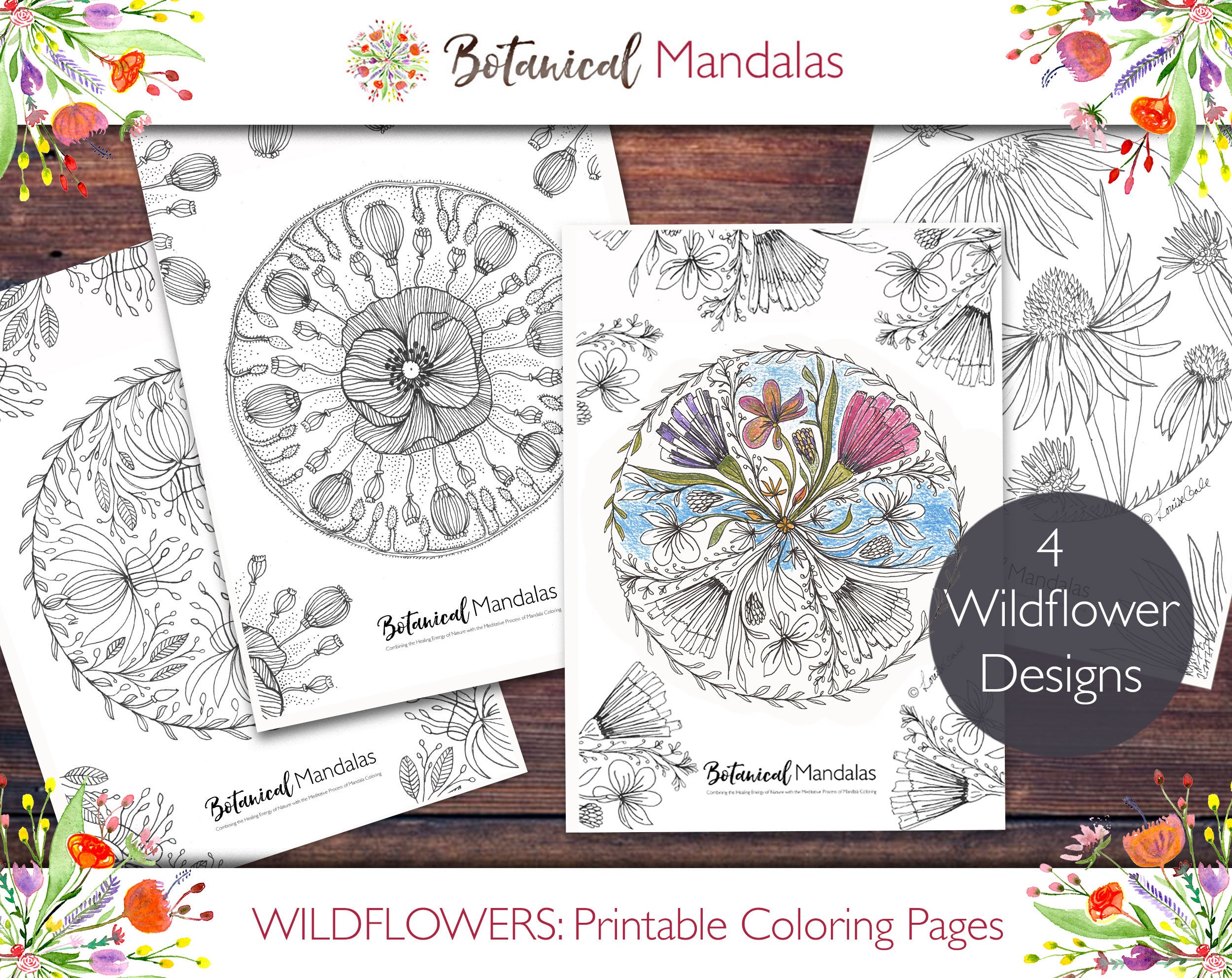 Printable Wildflower 1 Botanical Mandalas Coloring Pages Bundle ...