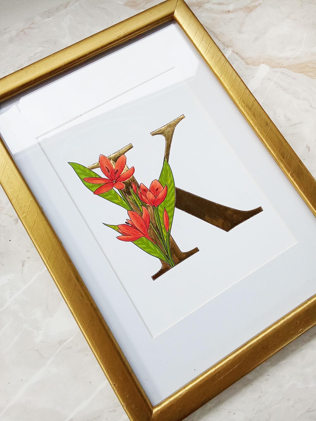 Hand Gilded Gift, Letter K for Kefir Lily Print, Wall Art Monogram ...