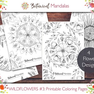 Printable Wildflower #3 Botanical Mandalas Coloring Pages Bundle ...