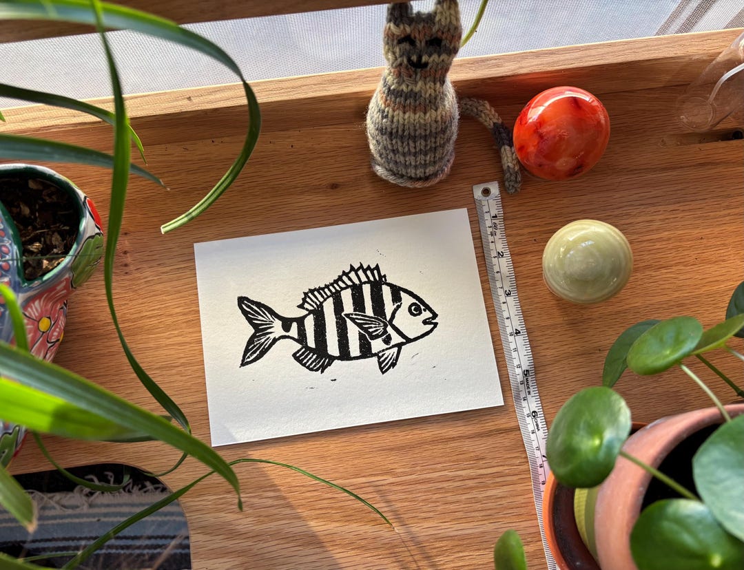 Original Linocut Sheepshead Fish | Hand-carved Block Print | 5x7" - Etsy