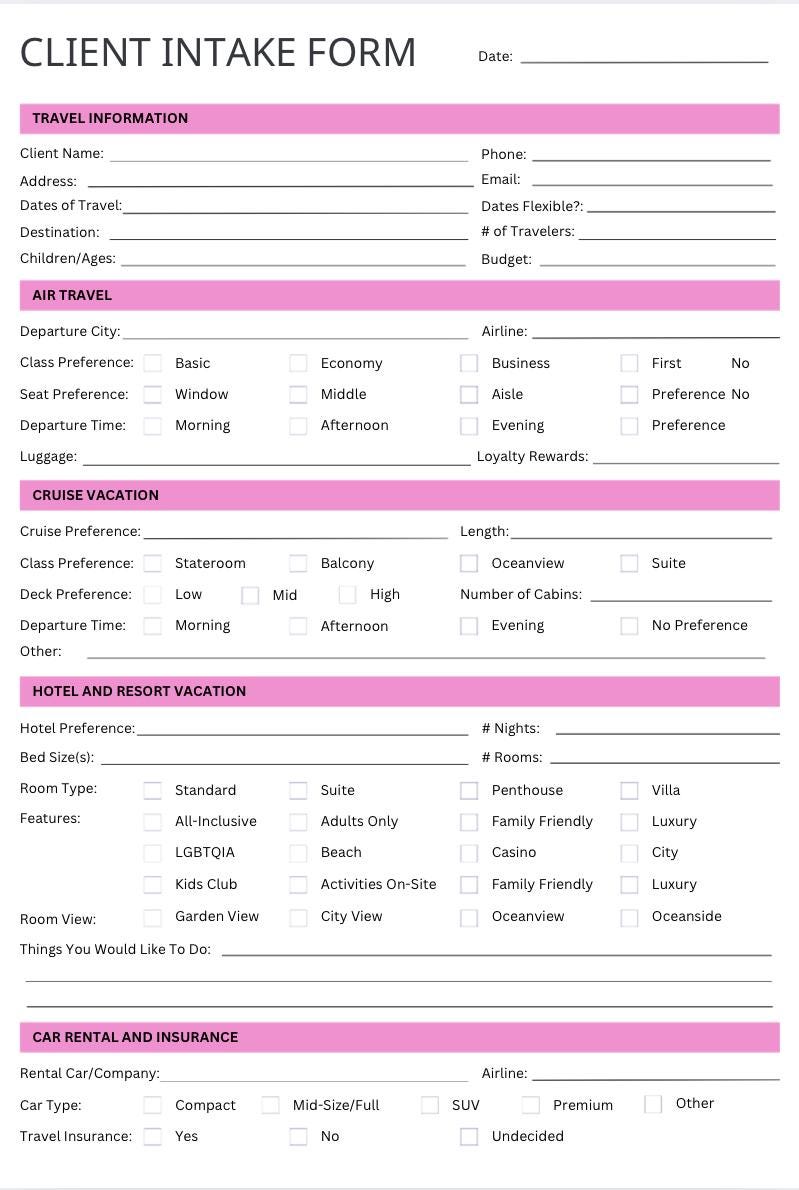 Customizable Travel Agent Client Intake Form (digital PDF) - Etsy