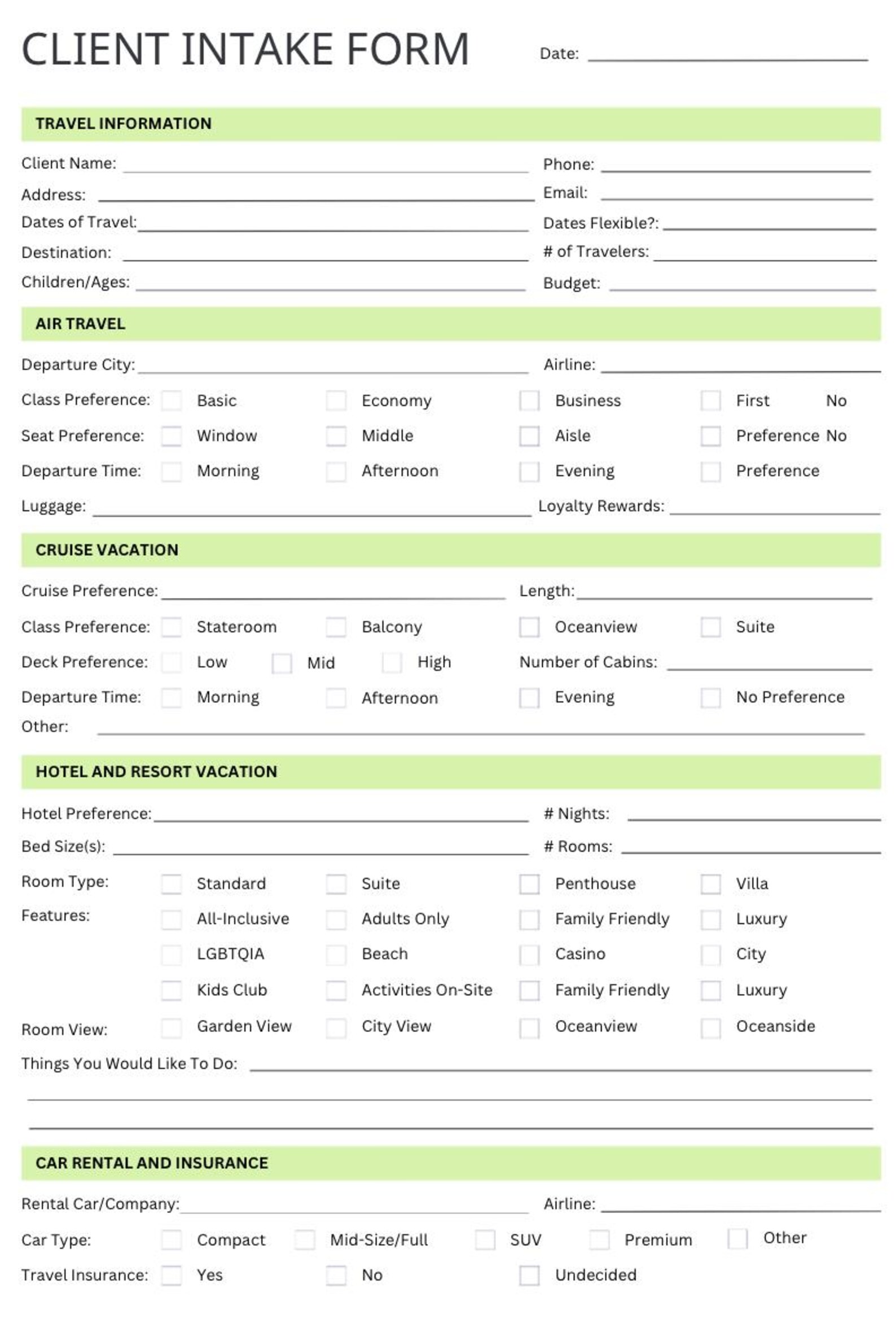 Customizable Travel Agent Client Intake Form (digital PDF) - Etsy