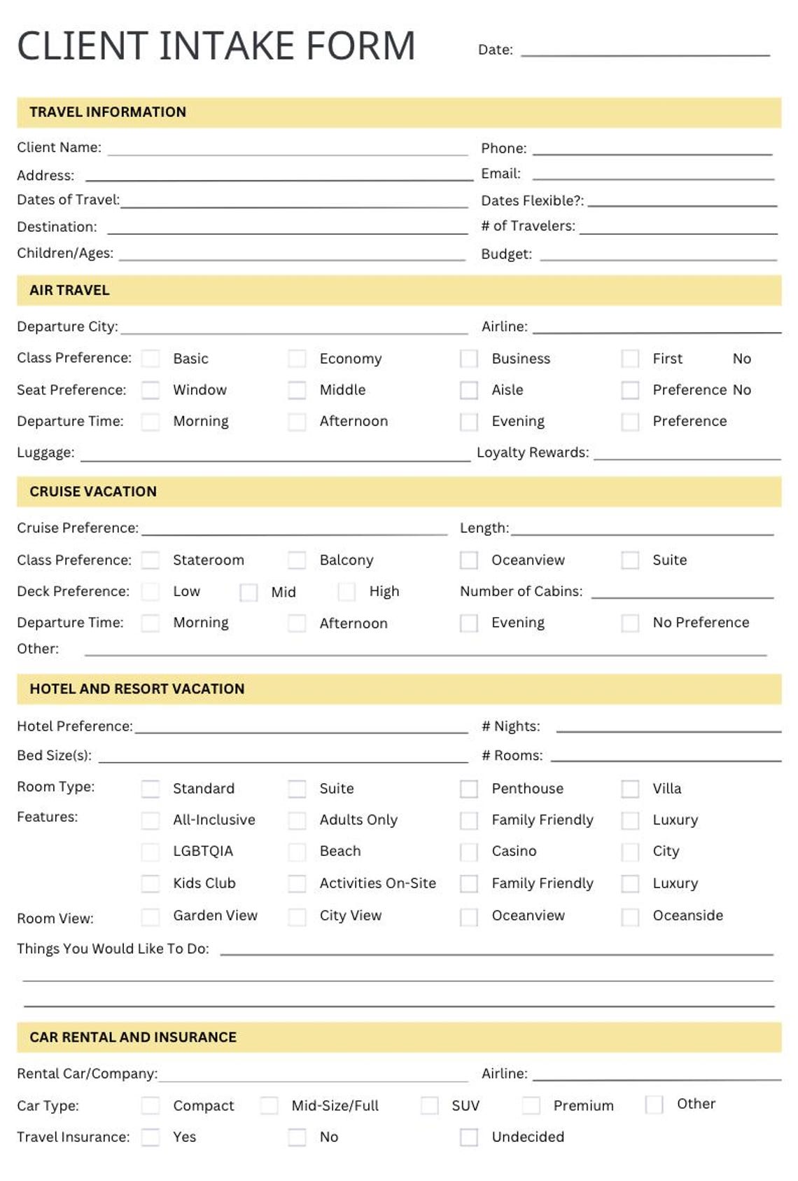 Customizable Travel Agent Client Intake Form (digital PDF) - Etsy
