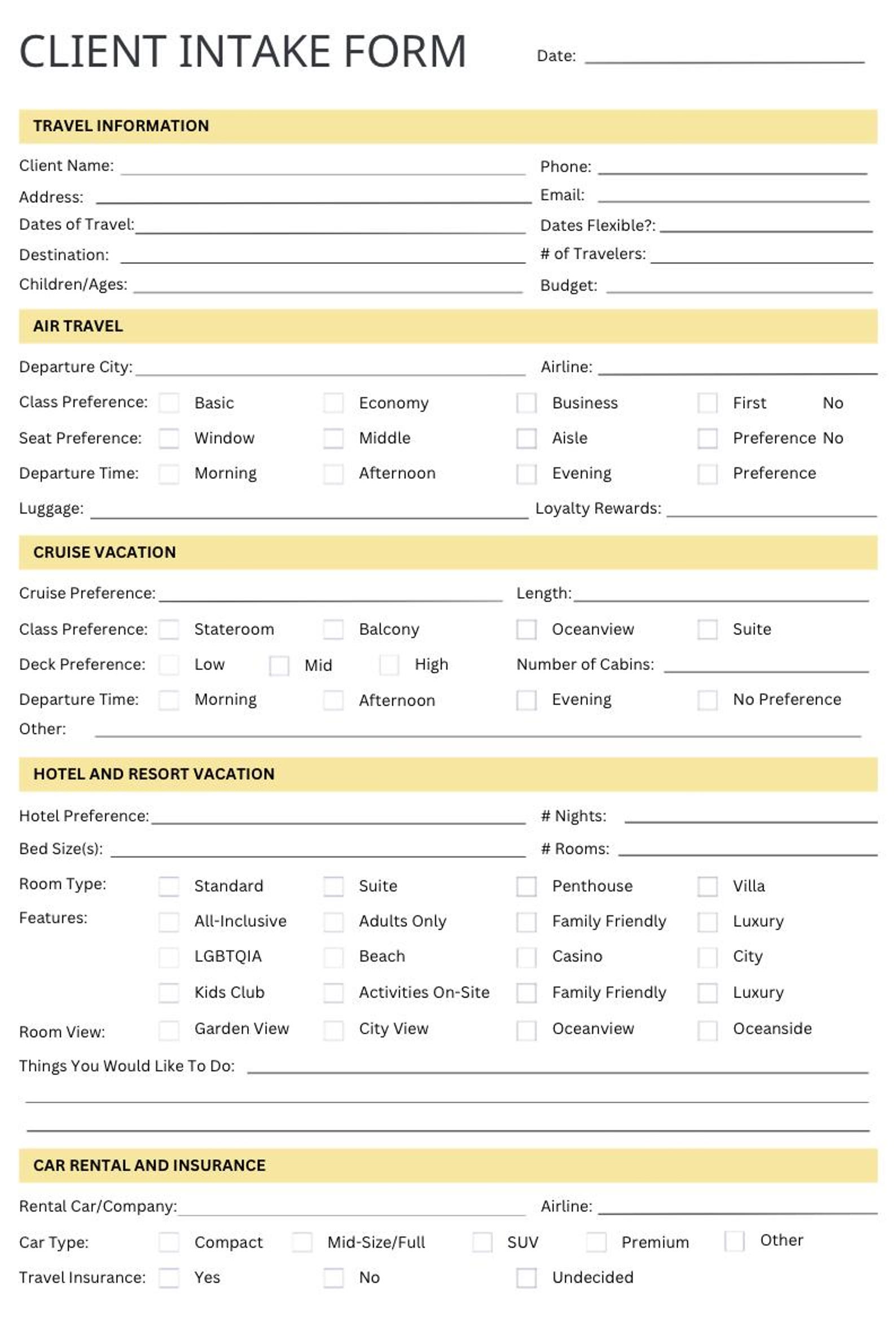 Customizable Travel Agent Client Intake Form (digital PDF) - Etsy