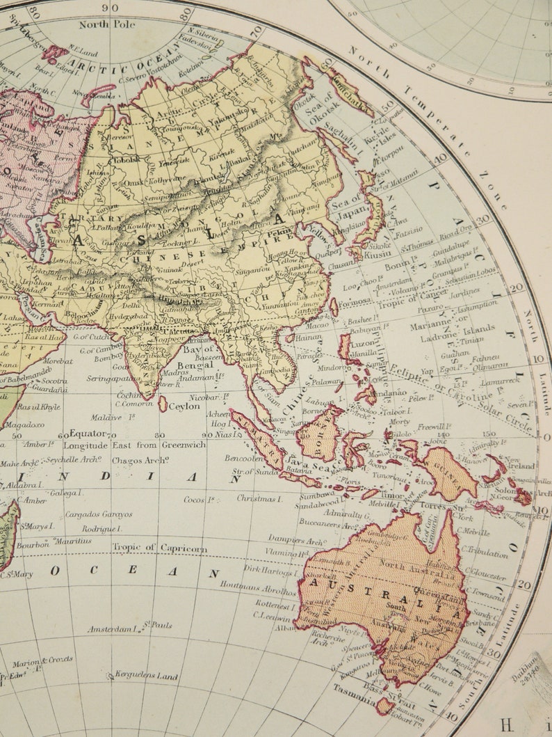 Antique World Map 1873 A C Black Map of the World, Hemisphere Map, Man ...