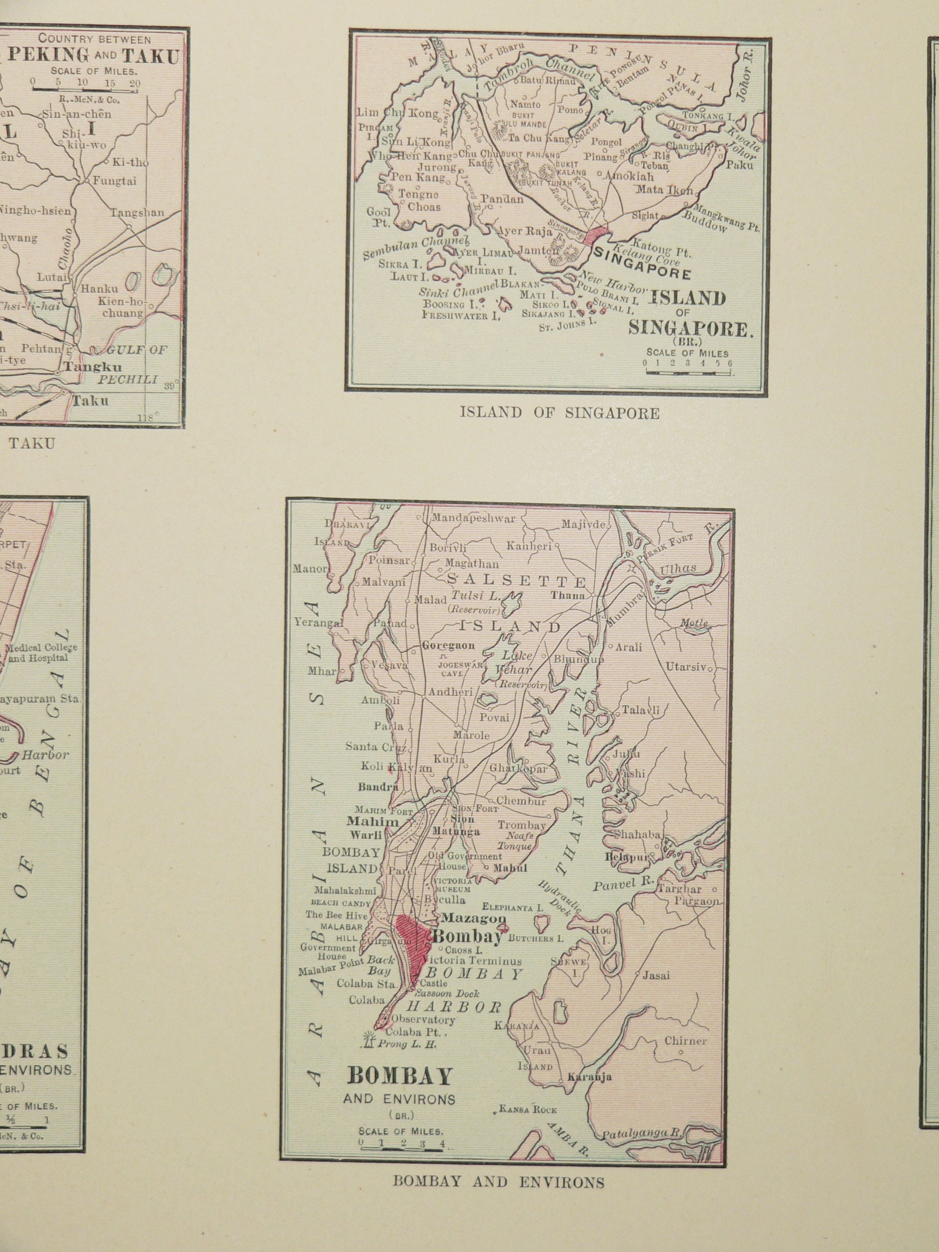 1912 Vintage India Map, Calcutta Bombay, Singapore Peking China ...