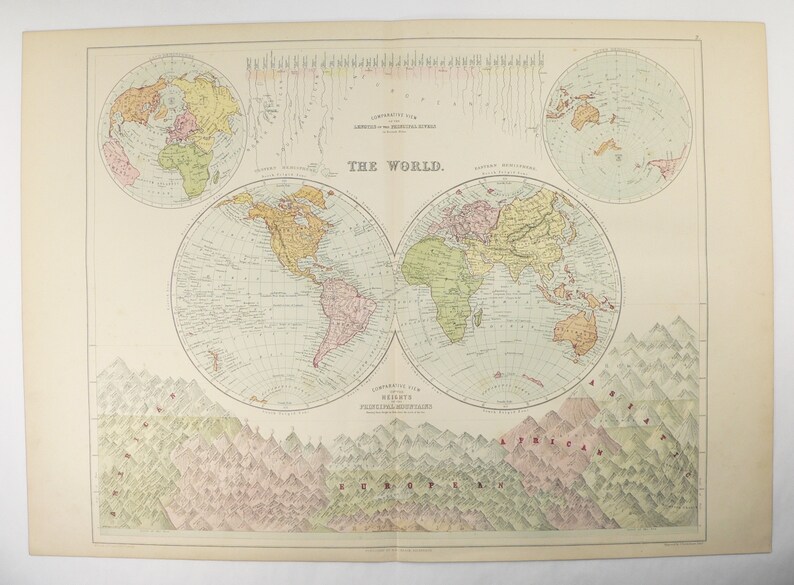 Antique World Map 1873 A C Black Map of the World, Hemisphere Map, Man ...