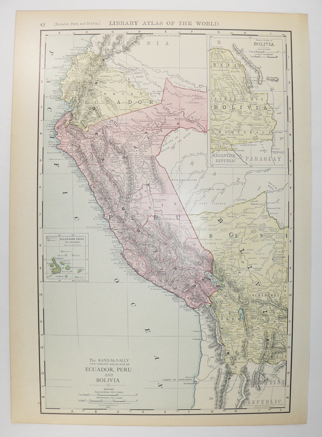 1912 Mapa de Perú Antiguo, Bolivia Mapa de Ecuador, Mapa de Rand ...