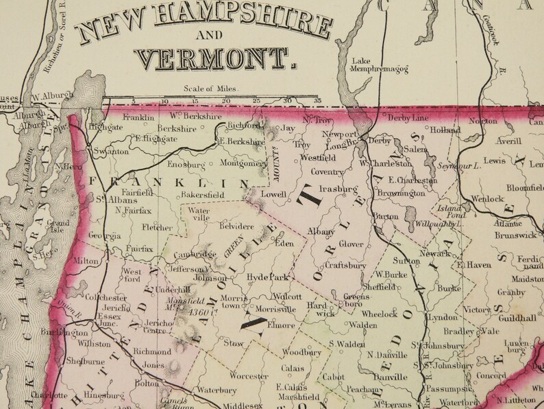 Antique Vermont Map Vintage New Hampshire Map 1872 Mitchell VT NH Map ...