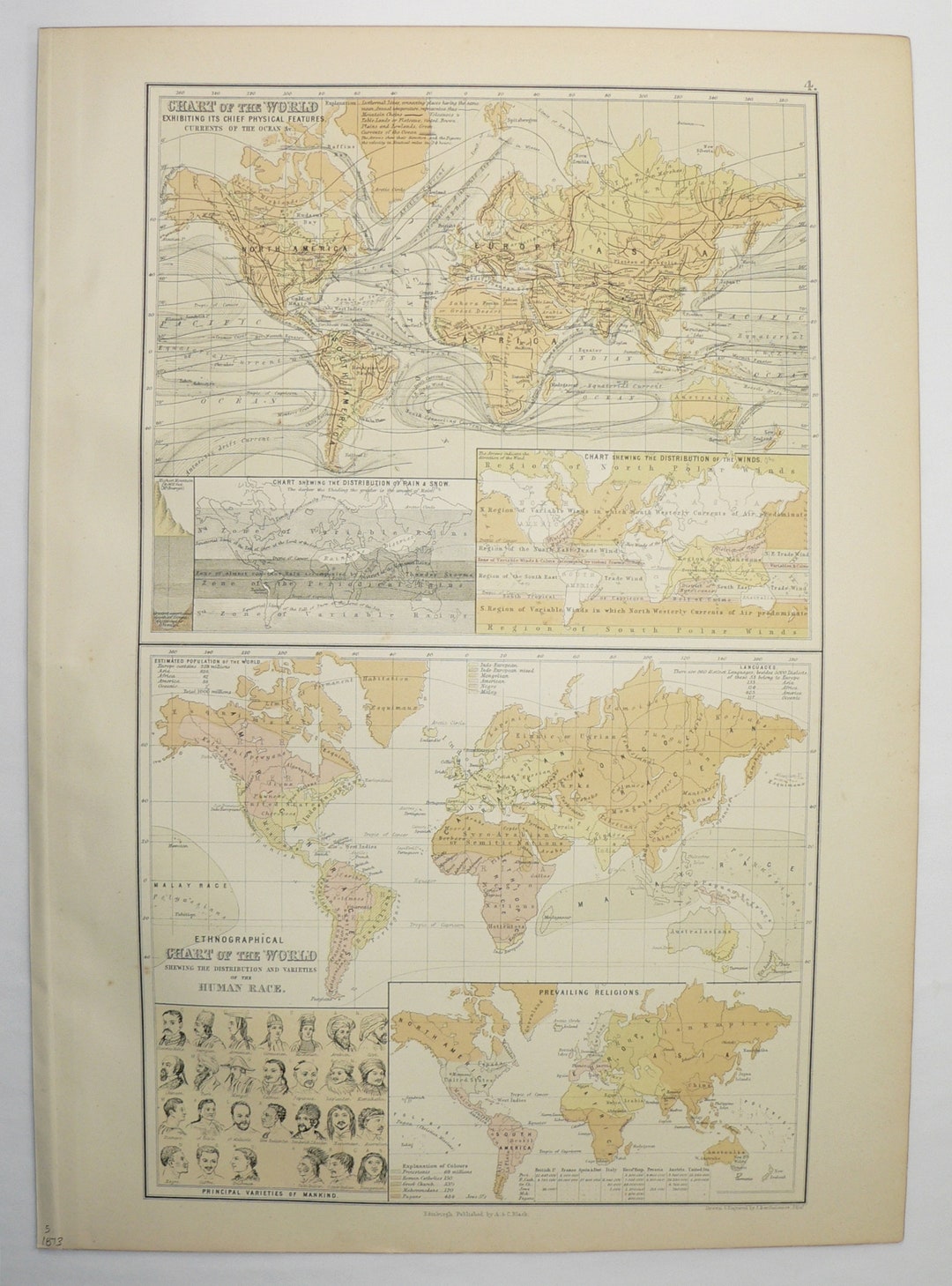 Antique World Map 1873 A & C Black Map of the World, Ocean Currents ...