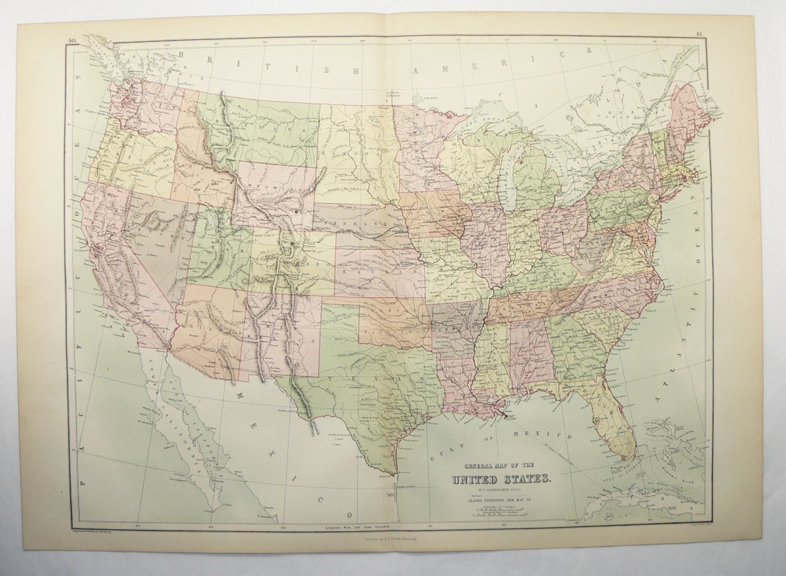 Antique United States Map 1873 Large Vintage Map United States, USA Map ...