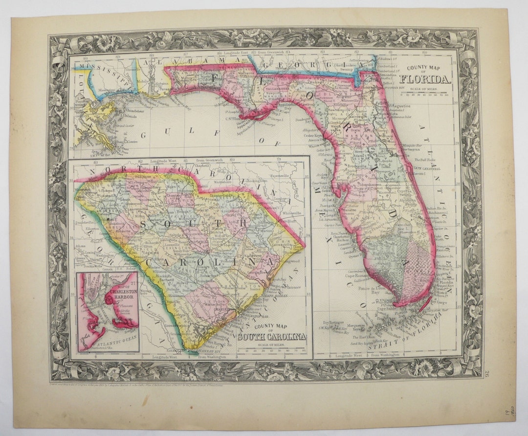 1860 Mitchell Map of Florida and South Carolina, Original Antique Map ...