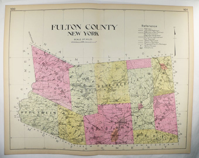 Large Fulton County NY Map, New York County 1912 Original Antique Map ...