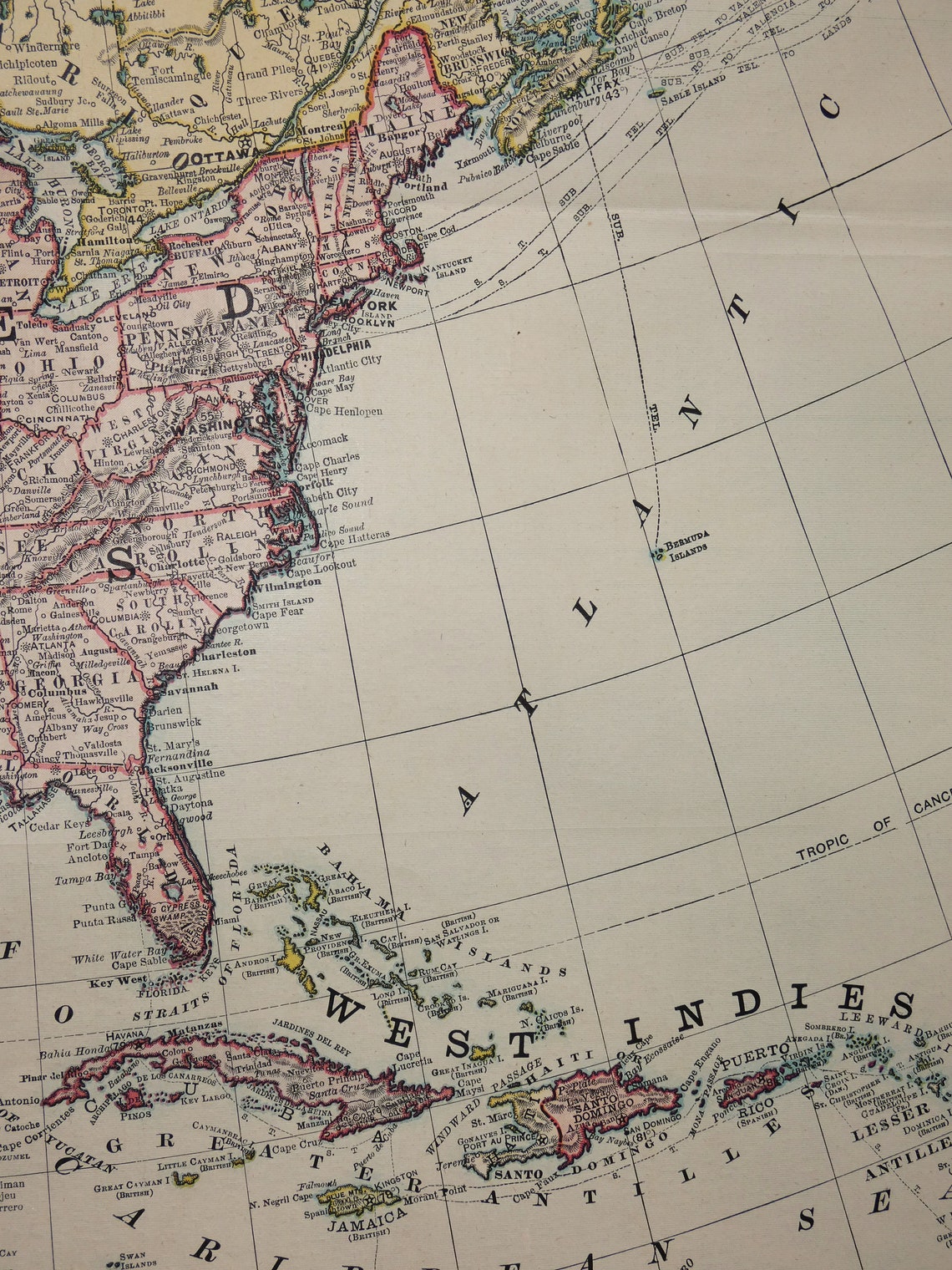Large 1892 North America Map, United States, Canada, Mexico, Caribbean ...