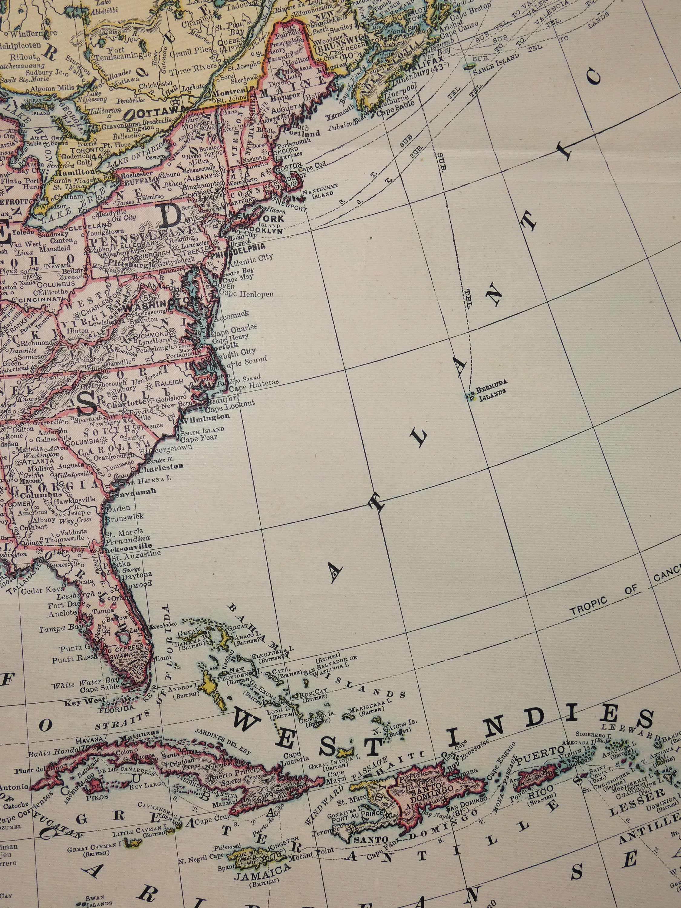 Large 1892 North America Map, United States, Canada, Mexico, Caribbean ...