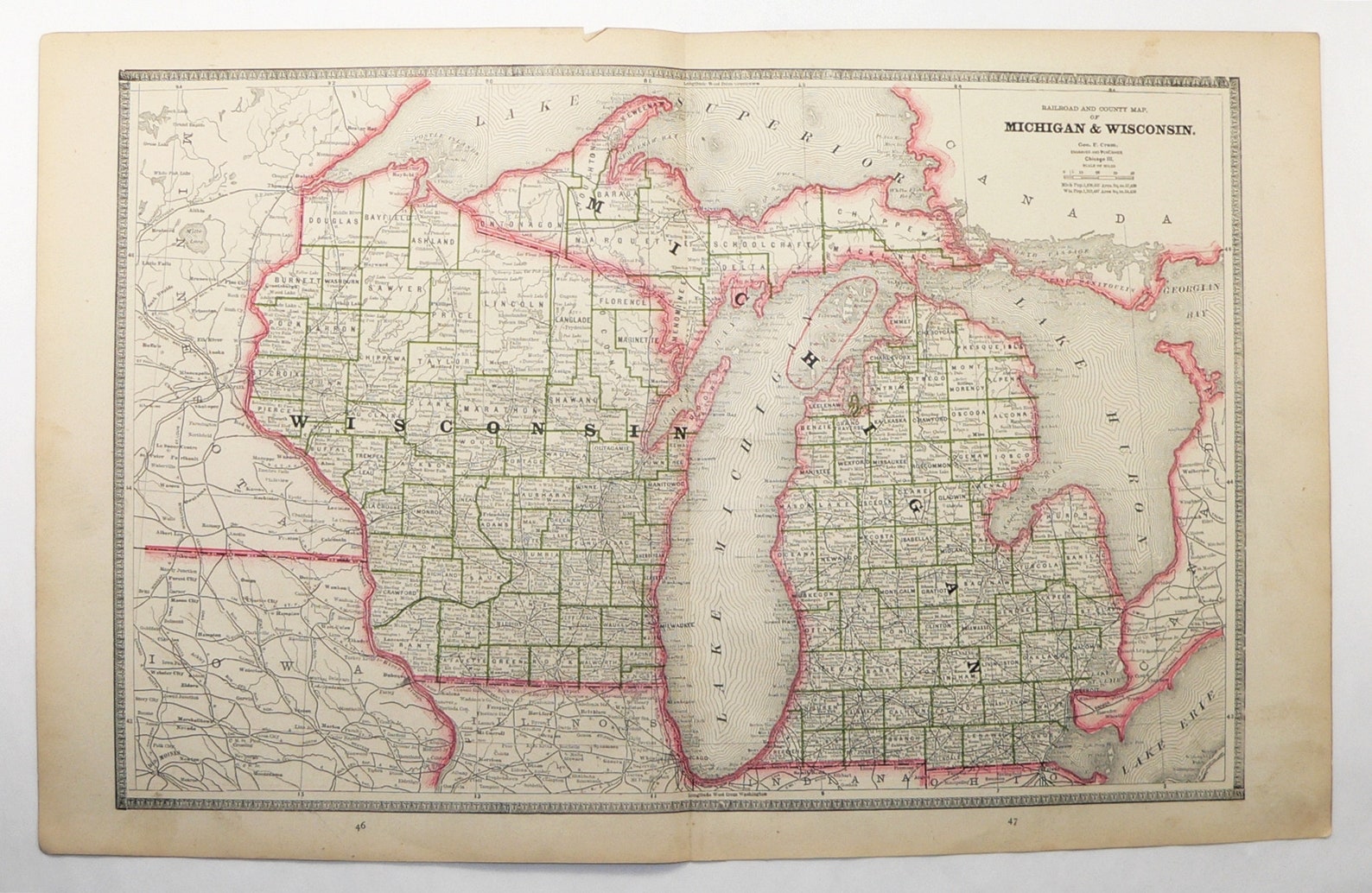 1884 Michigan and Wisconsin Map With Upper Peninsula and - Etsy