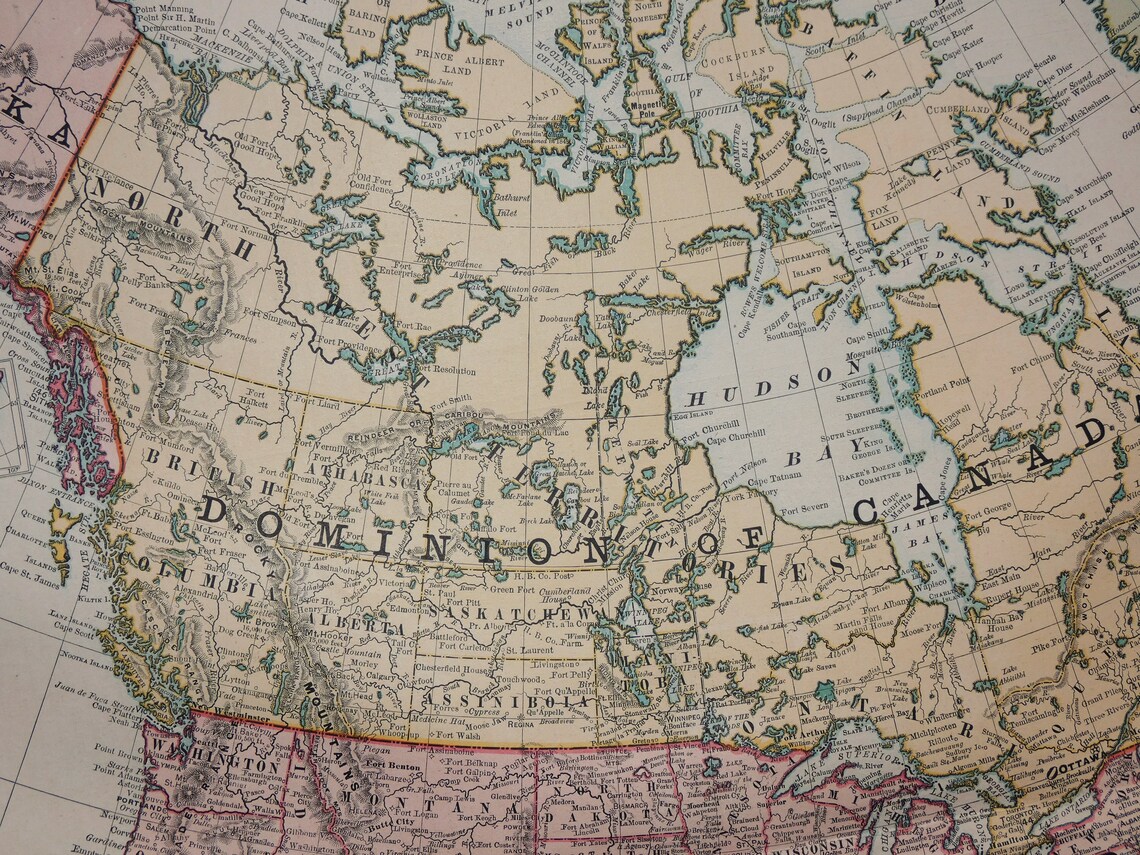 Large 1892 North America Map, United States, Canada, Mexico, Caribbean ...