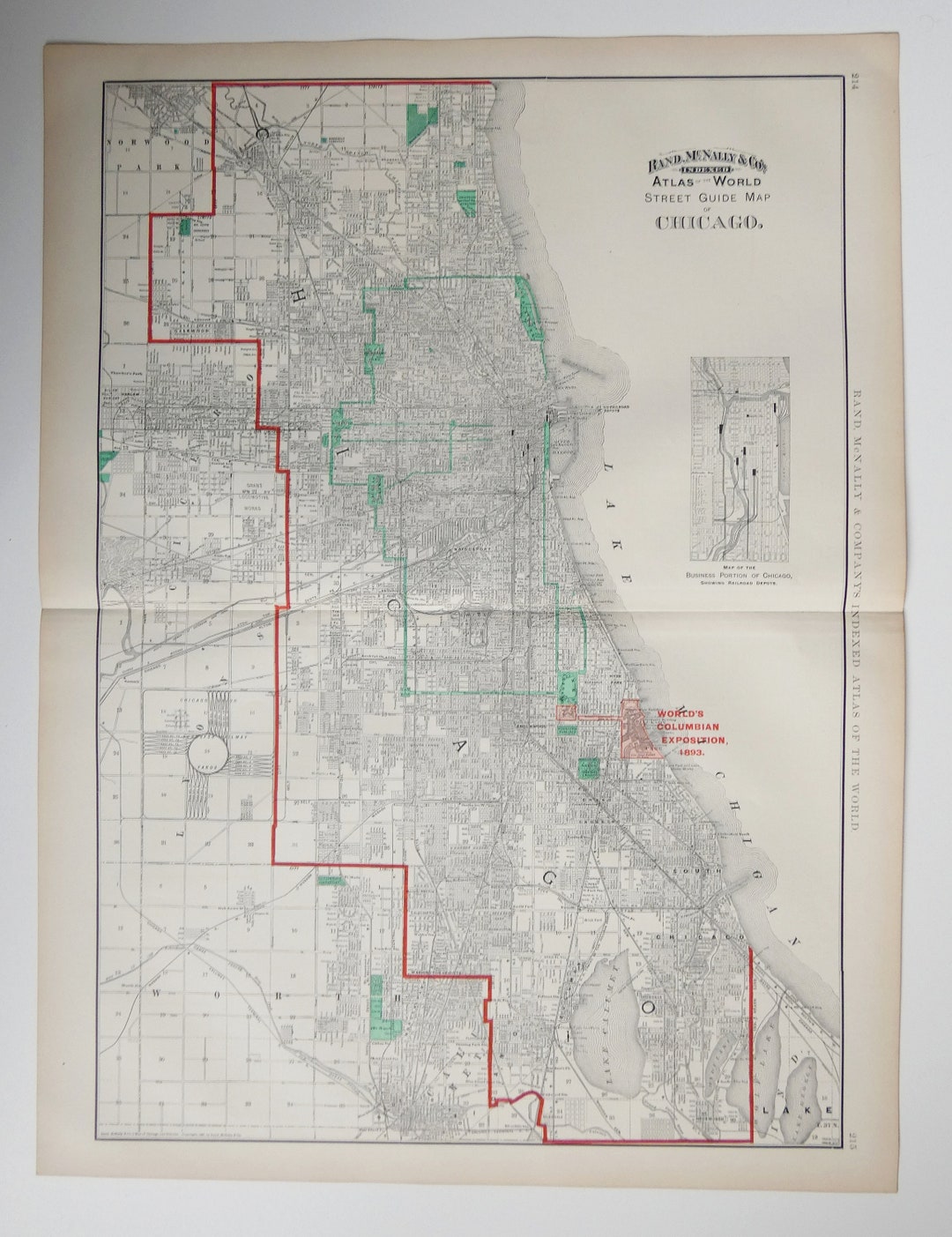 Very Large Chicago Map 1892 Antique City Street Map of Chicago Illinois ...