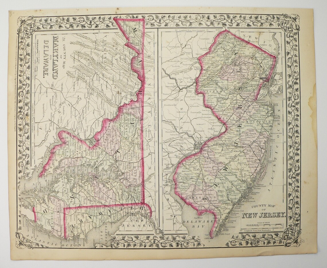 New Jersey Map Maryland Delaware Map 1872 Mitchell NJ MD Map | Etsy
